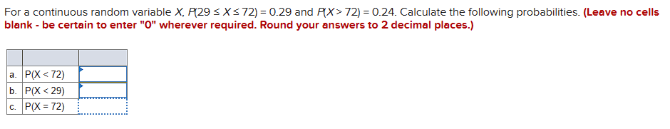 Solved For a continuous random variable X,P(29≤X≤72)=0.29 | Chegg.com