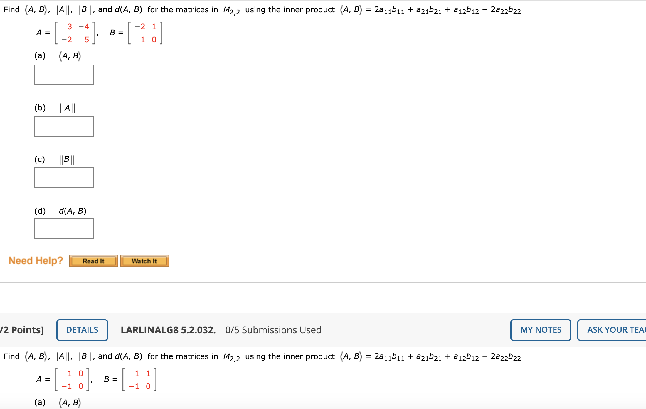 Solved Find (A, B), || A||, || B||, and d(A, B) for the | Chegg.com
