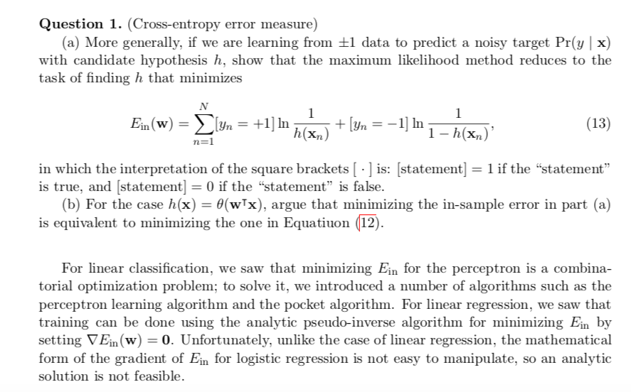 Question 1. (Cross-entropy error measure) (a) More | Chegg.com