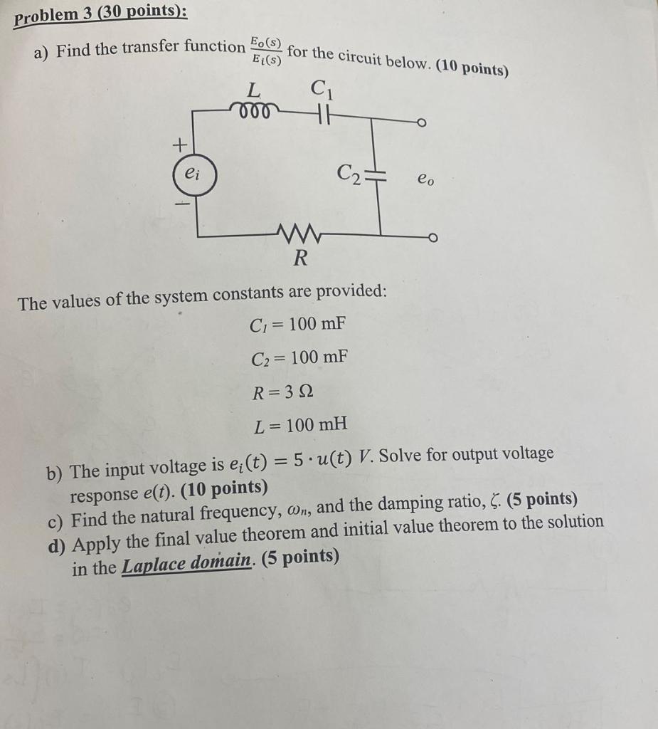 Solved a) Find the transfer function Ei(s)Eo(s) for the | Chegg.com