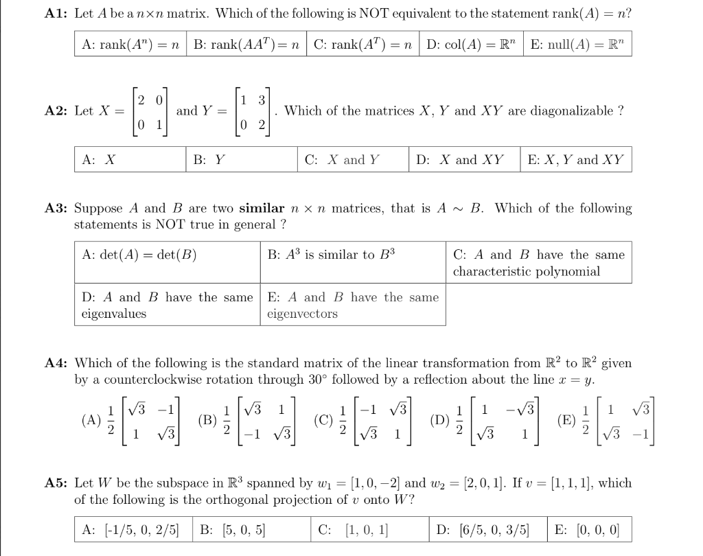 Solved A1: Let A be a n×n matrix. Which of the following is | Chegg.com