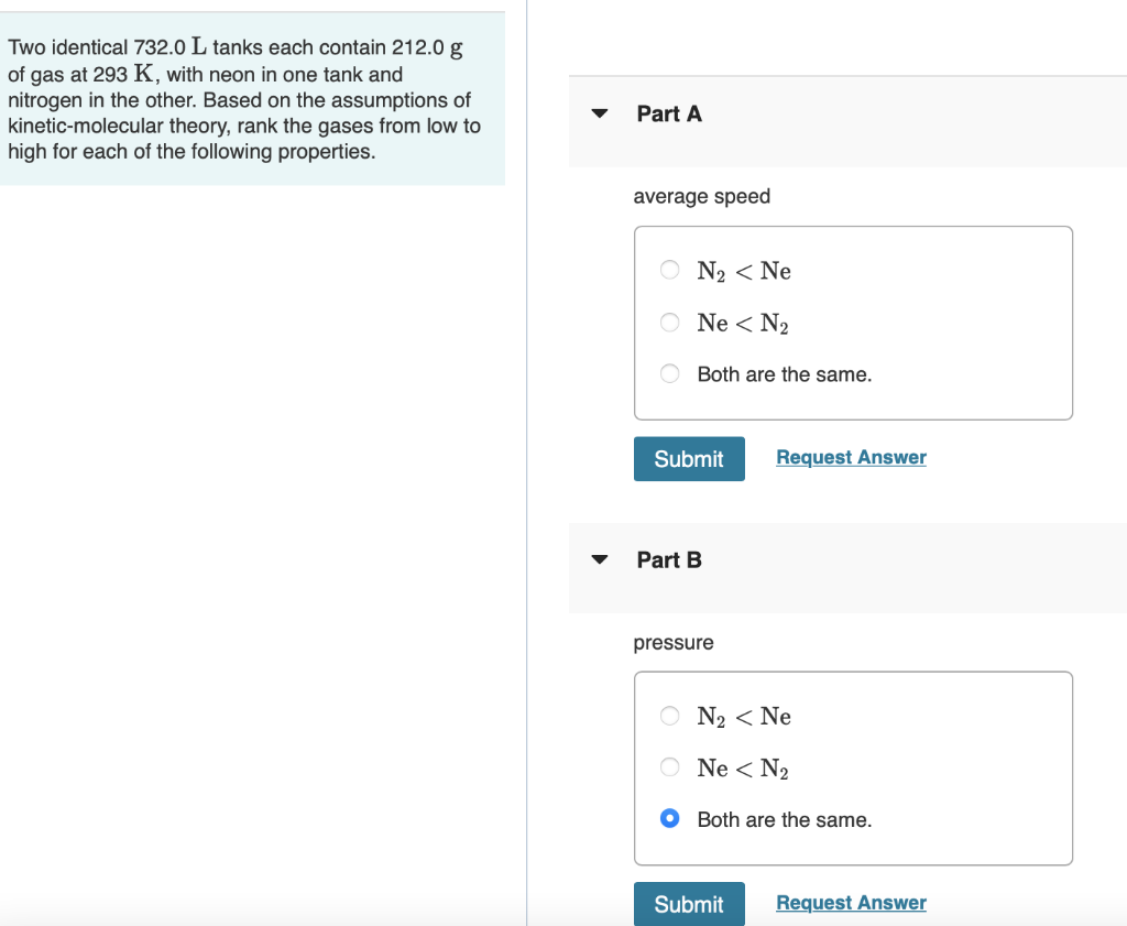 Solved Two identical 732.0 L tanks each contain 212.0 g of | Chegg.com