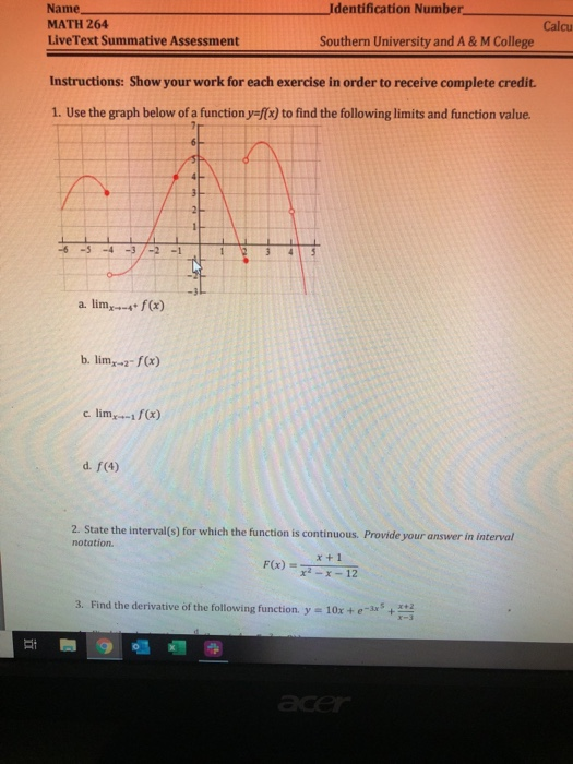 Solved Identification Number Name MATH 264 LiveText | Chegg.com