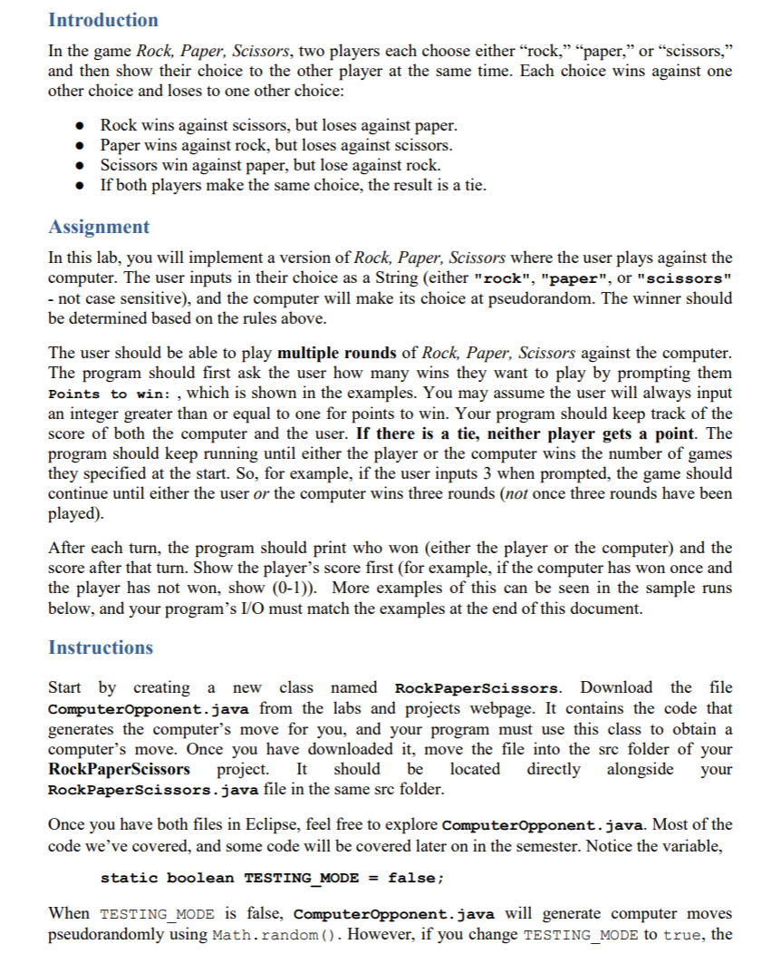 Solved Introduction In the game Rock, Paper, Scissors, two | Chegg.com