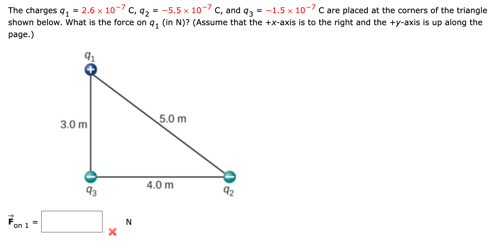Solved The charges q1=2.6×10−7C,q2=−5.5×10−7C, and | Chegg.com