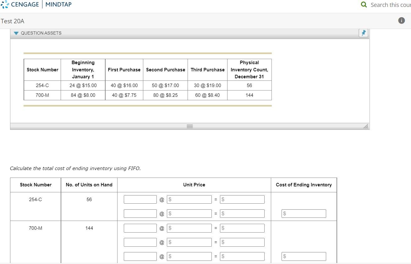 Solved CENGAGE MINDTAP Q Search this cour Test 20A i | Chegg.com