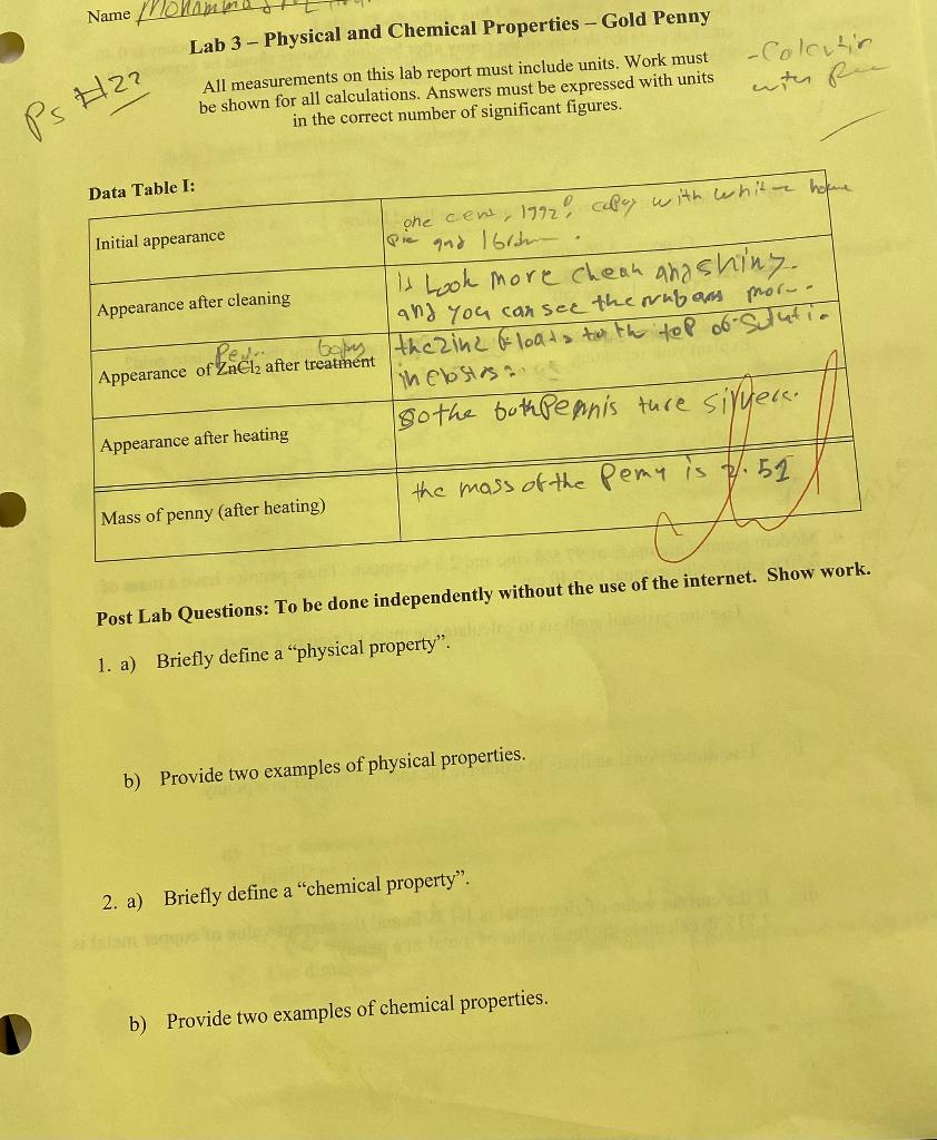Solved Lab 3 - Physical and Chemical Properties - Gold Penny | Chegg.com