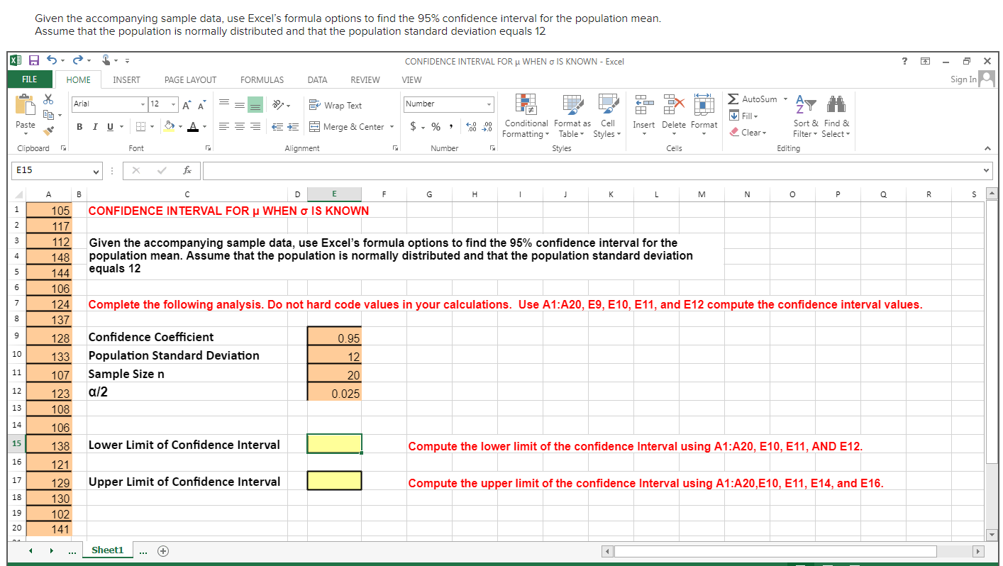 Solved Given the accompanying sample data, use Excel's | Chegg.com