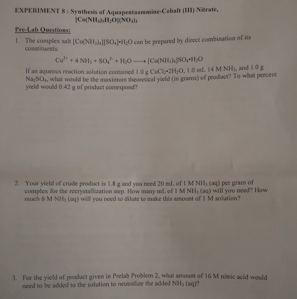 Solved EXPERIMENT 8: Synthesis of Aquapentaammine-Cobalt | Chegg.com