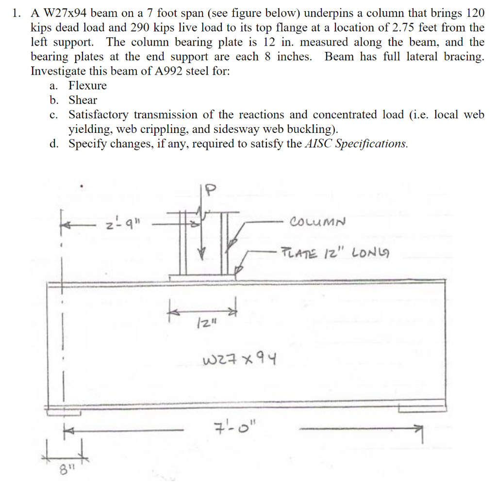 Solved 1. A W27x94 beam on a 7 foot span (see figure below) | Chegg.com
