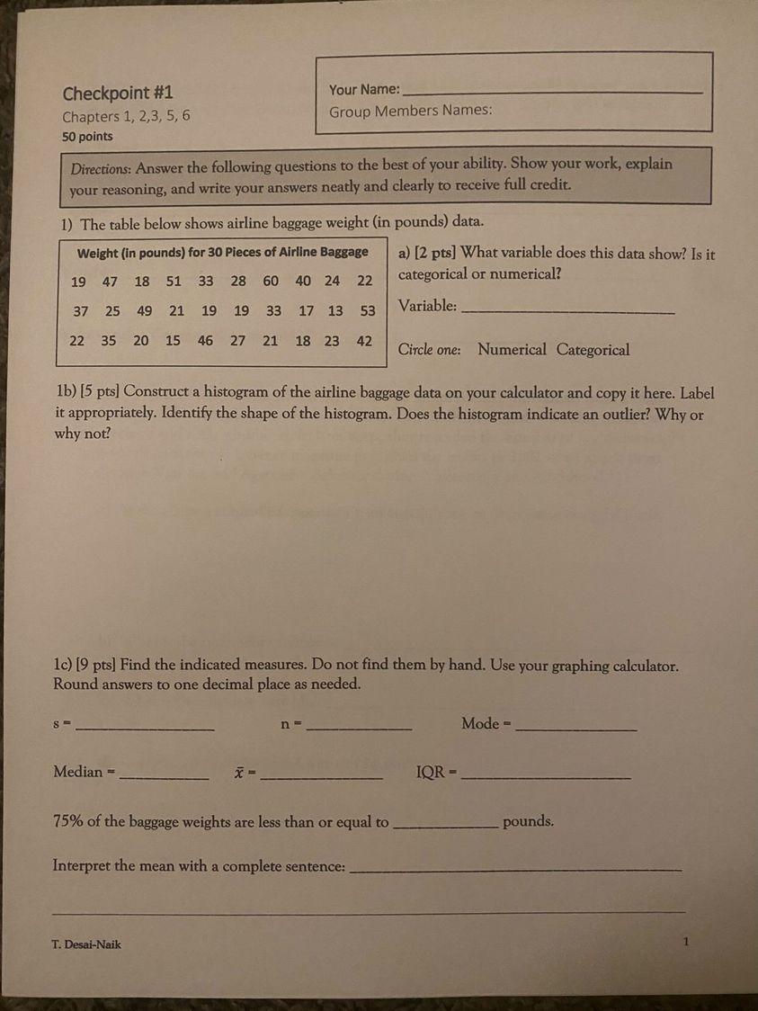 Solved Checkpoint #1 Chapters 1, 2,3, 5, 6 50 points | Chegg.com