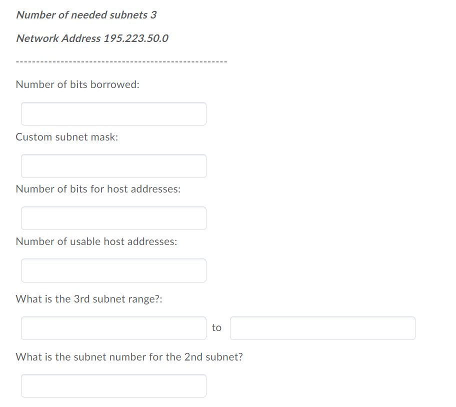 Solved Number of needed subnets 3 Network Address | Chegg.com