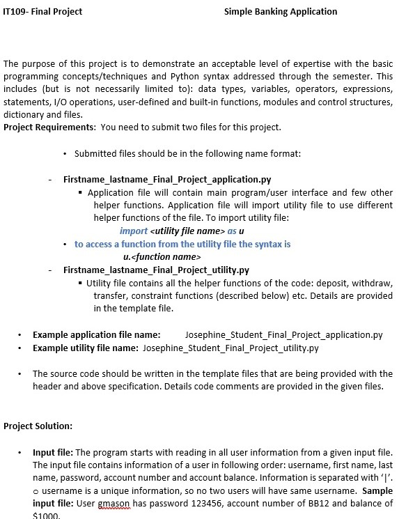 Solved IT109- Final Project Simple Banking Application The | Chegg.com