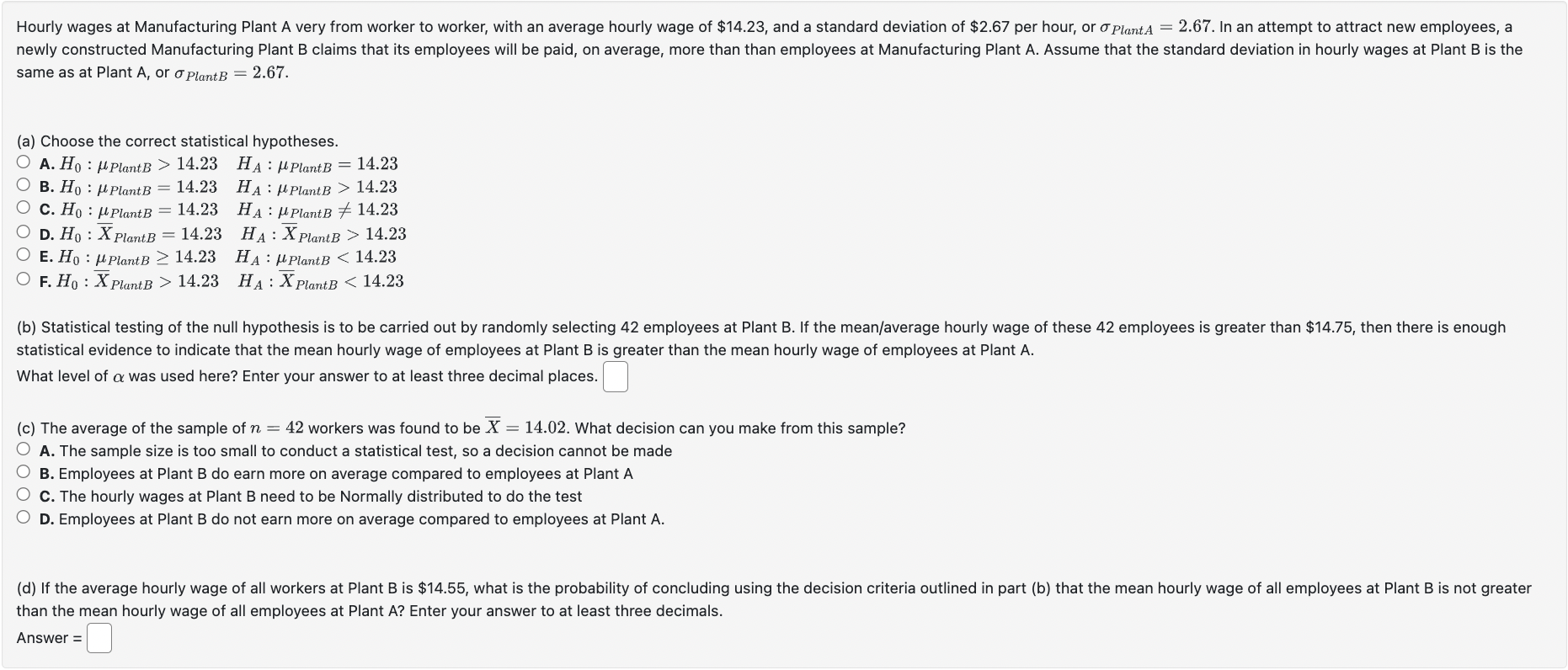 Solved same as at Plant A, or σPlant B=2.67. (a) Choose the | Chegg.com