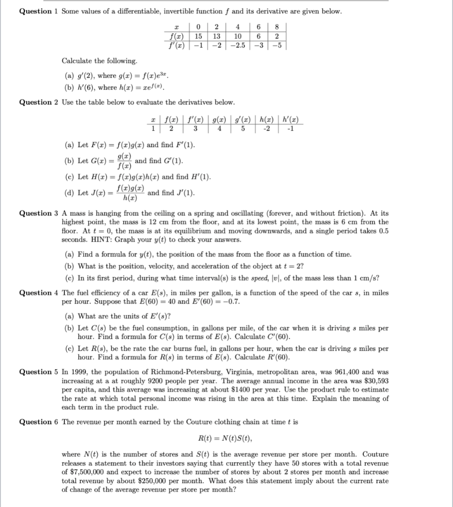 Solved Question 1 Some values of a differentiable, | Chegg.com