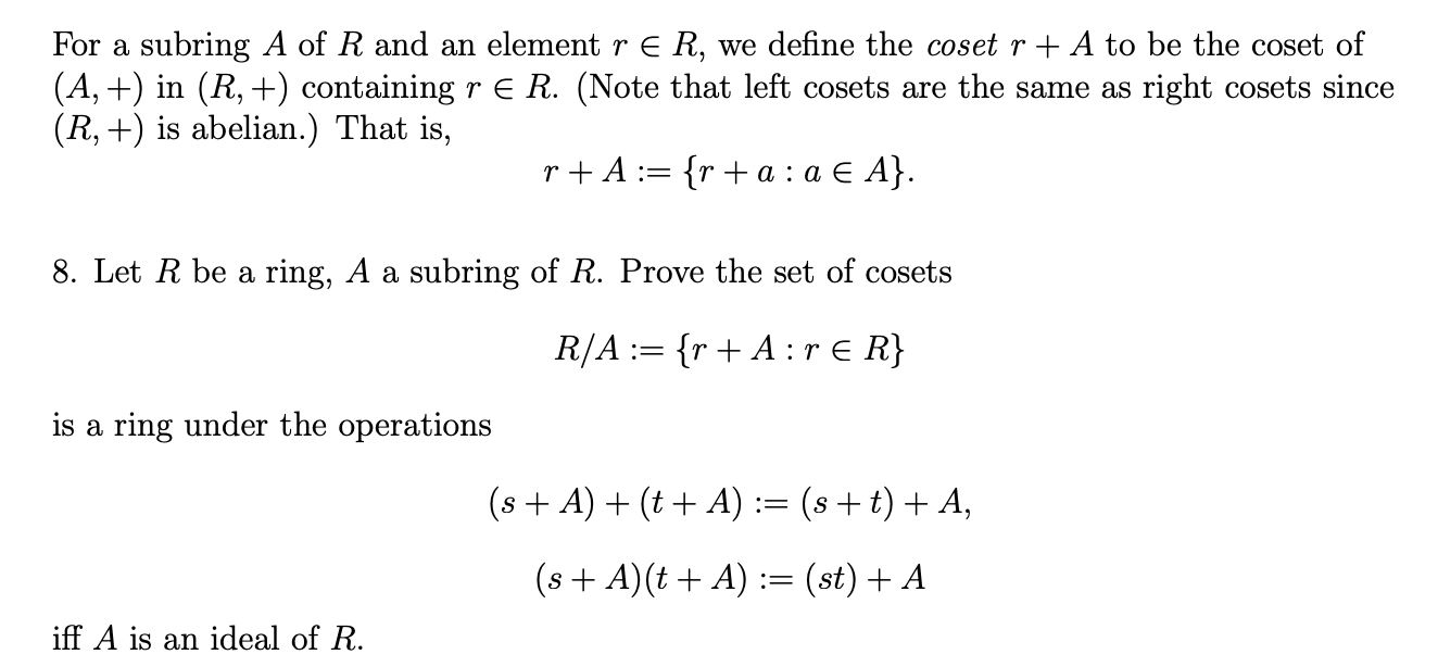 Solved For a subring A of R and an element r ER, we define | Chegg.com