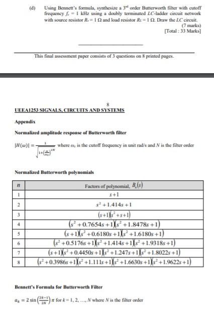 (d) Using Bennett's formula, synthesize a 3 order | Chegg.com