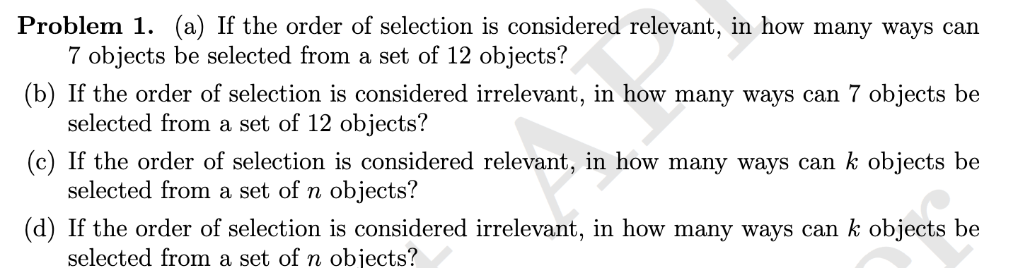 Solved Problem 1. (a) If the order of selection is | Chegg.com