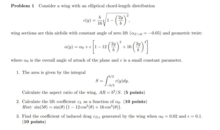 Solved Problem 1 Consider a wing with an elliptical | Chegg.com