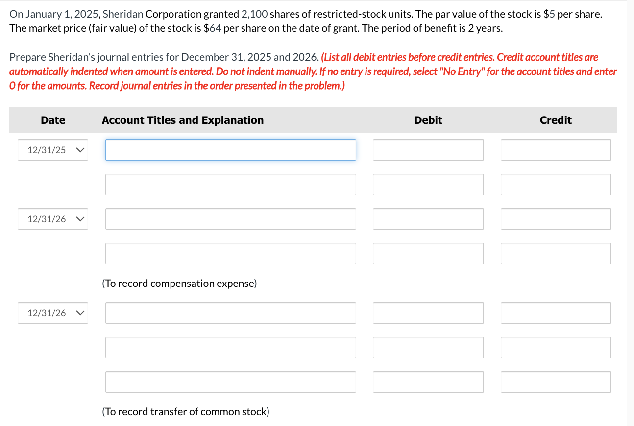 Solved On January 1, 2025, ﻿Sheridan Corporation granted | Chegg.com