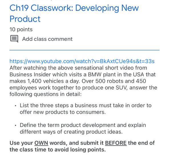 Solved Ch19 Classwork: Developing New Product 10 points Add | Chegg.com
