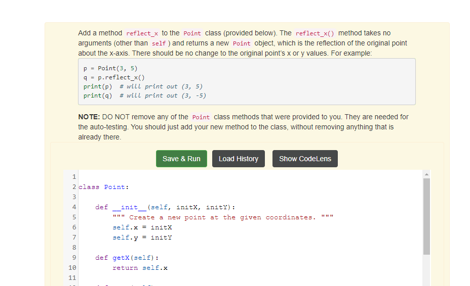 Solved Add a method reflect_x to the point class (provided | Chegg.com