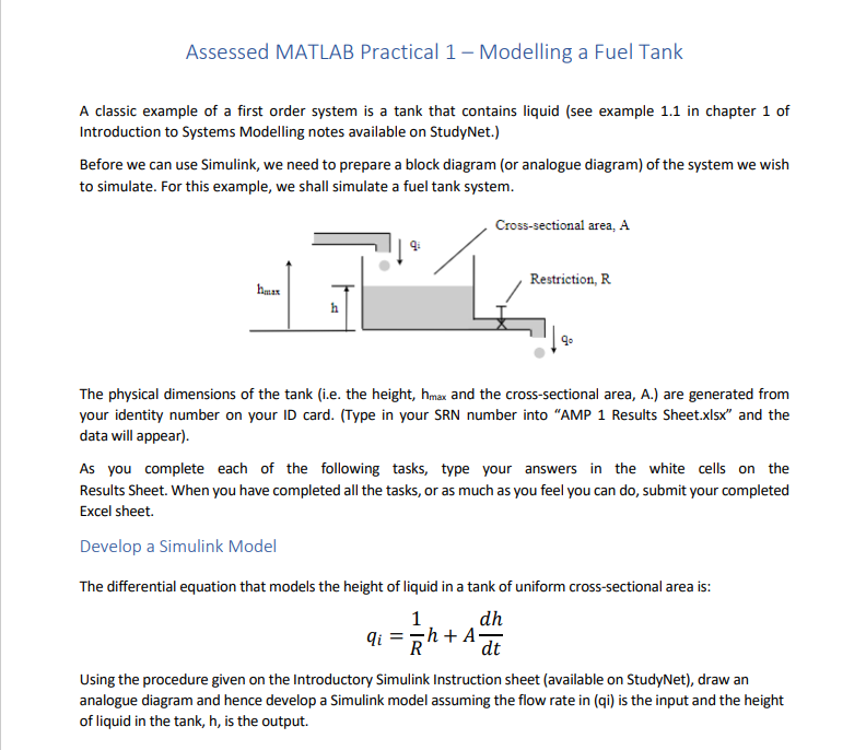 Solved Assessed MATLAB Practical 1 - Modelling a Fuel Tank A | Chegg.com