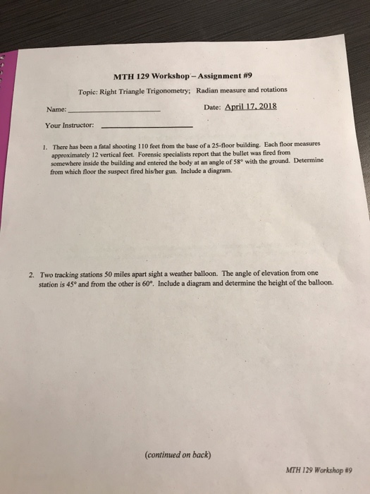 Solved MTH 129 workshop-Assignment #9 Topic: Right Triangle | Chegg.com