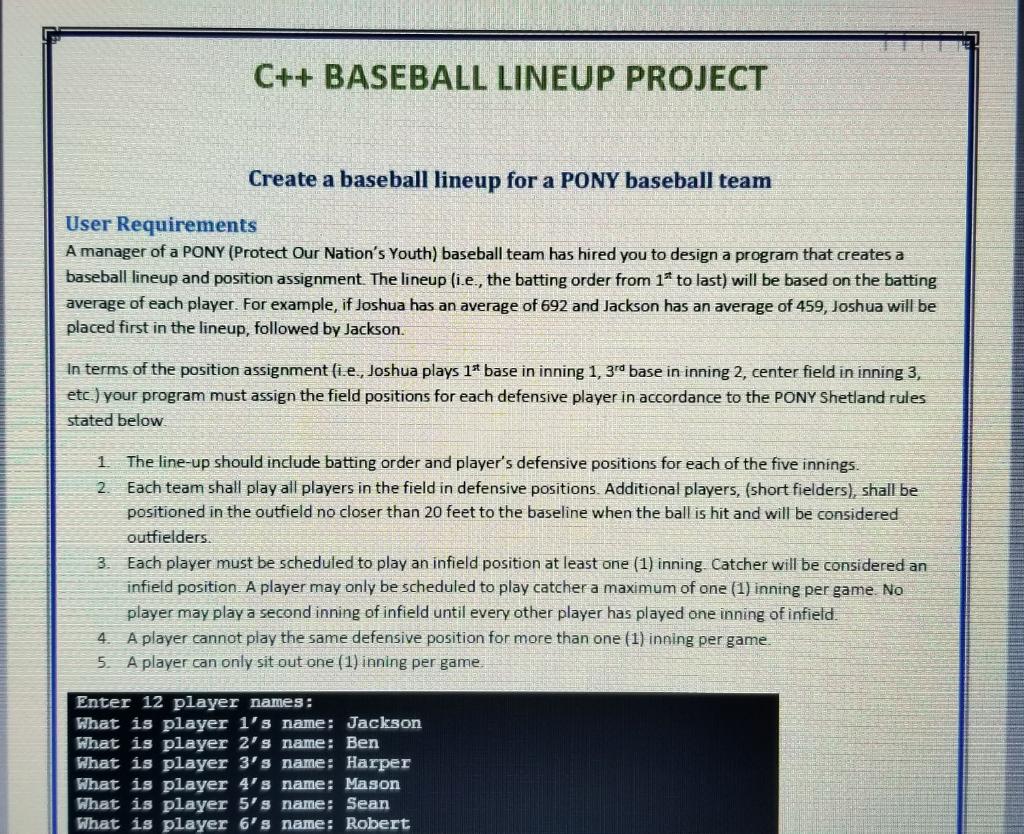 Solved C++ BASEBALL LINEUP PROJECT Create a baseball lineup | Chegg.com