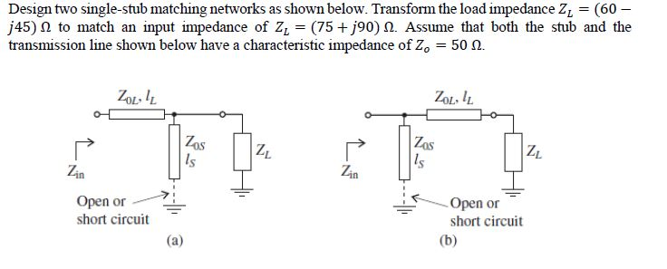 Solved Design two single-stub matching networks as shown | Chegg.com