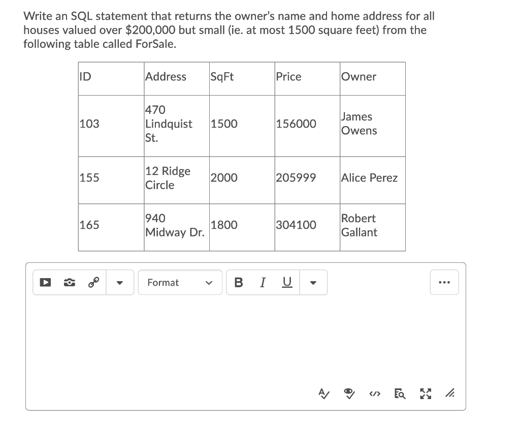Solved Write an SQL statement that returns the owner's name | Chegg.com
