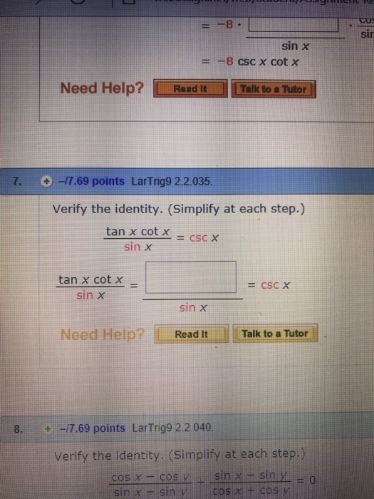 Solved Co sir sin x -8 csc x cot x Need Help? L na dit |Talk | Chegg.com