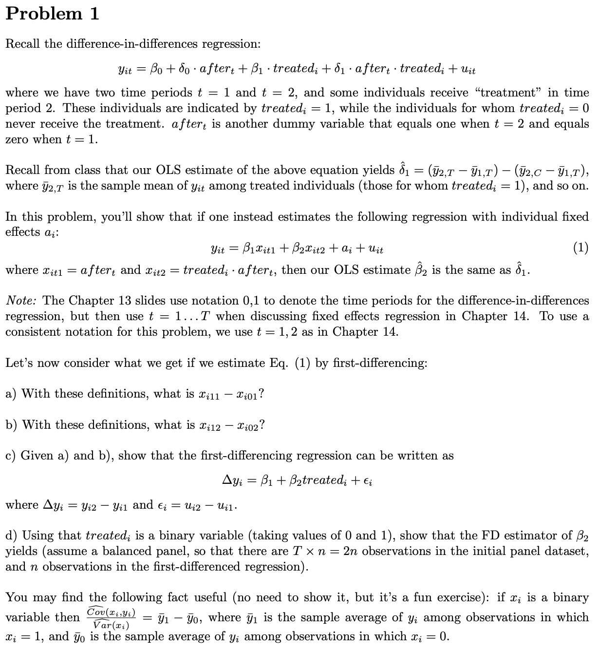 Solved Recall the difference-in-differences regression: | Chegg.com