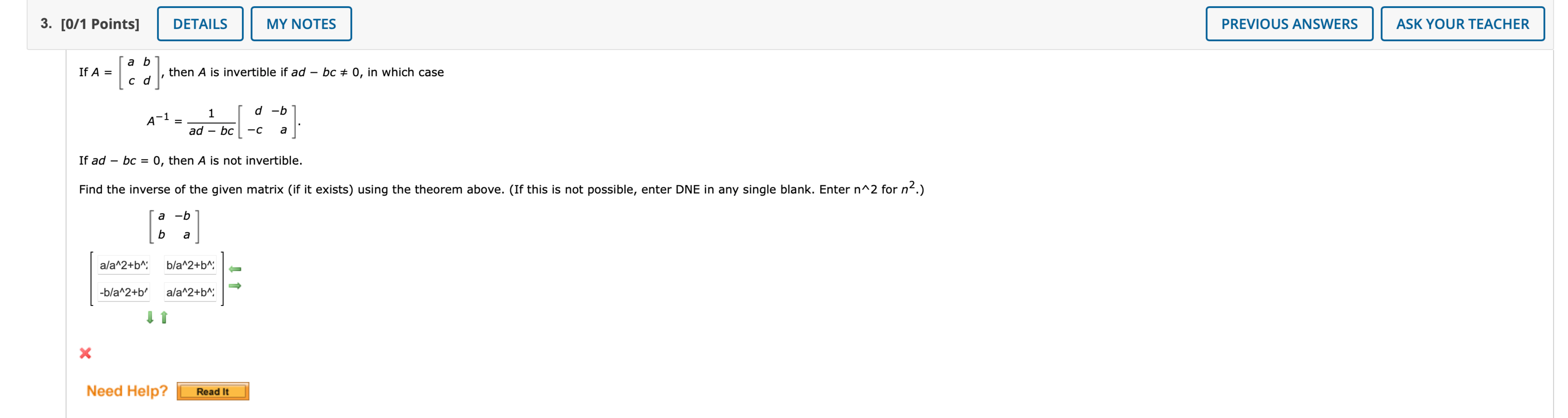 Solved If A=[abcd], ﻿then A ﻿is invertible if ad-bc≠0, ﻿in | Chegg.com
