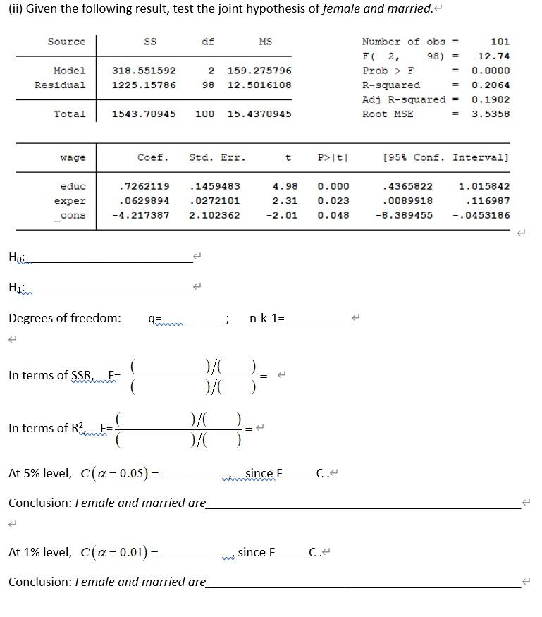 (ii) Given the following result, test the joint | Chegg.com