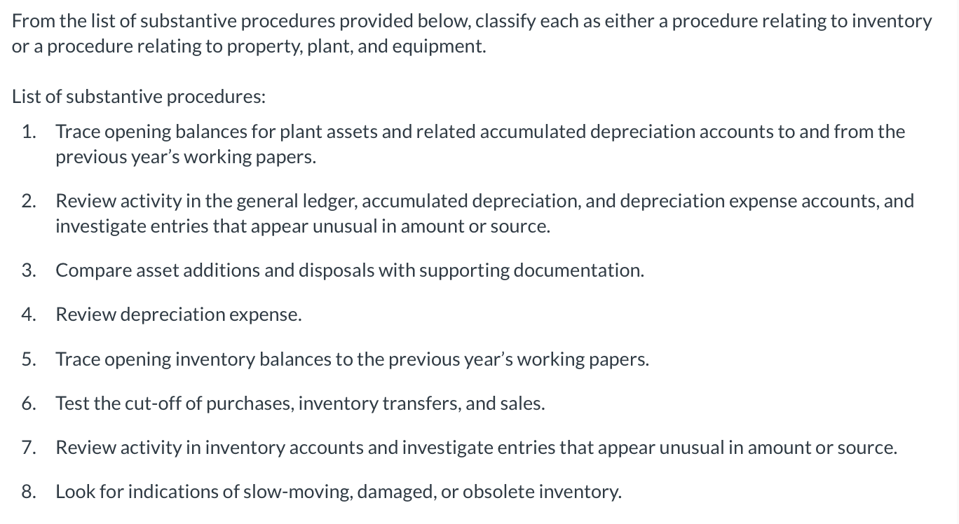Solved From the list of substantive procedures provided | Chegg.com