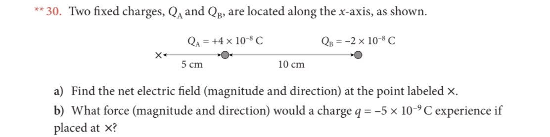 Solved ** 30. Two fixed charges, QA and Qb, are located | Chegg.com