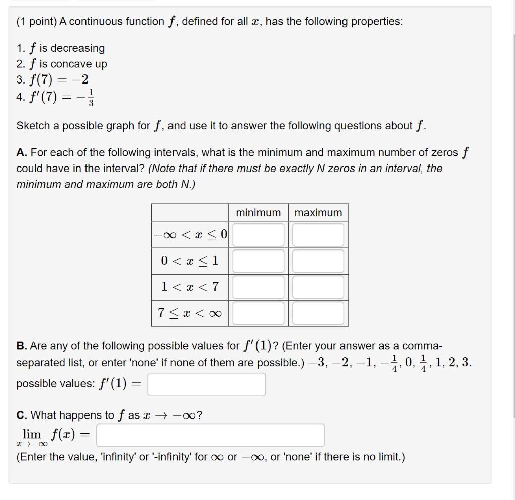 Solved (1 point) A continuous function f, defined for all x, | Chegg.com