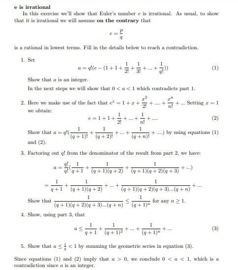 Solved e is irrational In this exercise we'll show that | Chegg.com