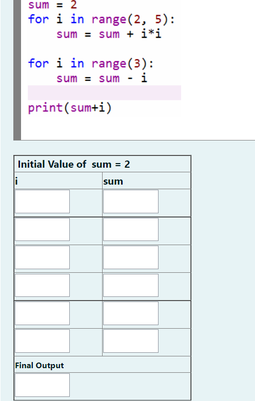 Solved sum = 2 for i in range(2, 5): sum = sum + i*i for i | Chegg.com