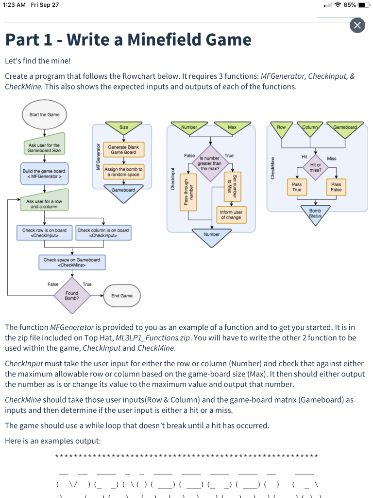 1:23 AM Fri Sep 27 65% Part 1 - Write a Minefield | Chegg.com