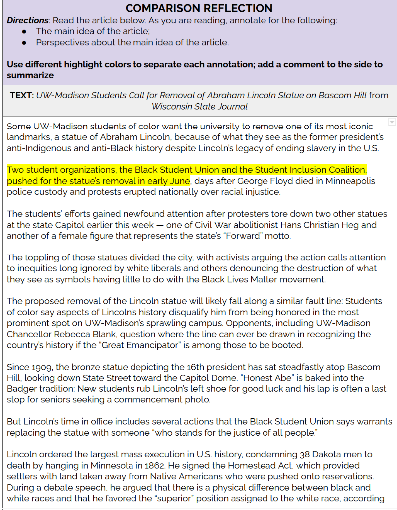 Solved COMPARISON REFLECTION Directions: Read the article | Chegg.com