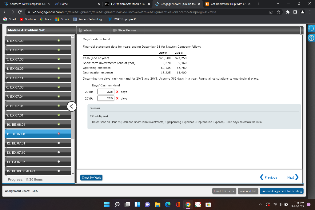 Solved Days' cash on hand Financial statement data for years | Chegg.com
