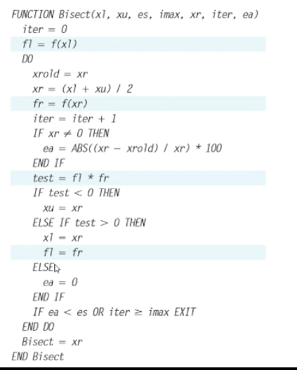 Solved FUNCTION Bisect(xl, xu, es, imax, xr, iter, ea) iter | Chegg.com