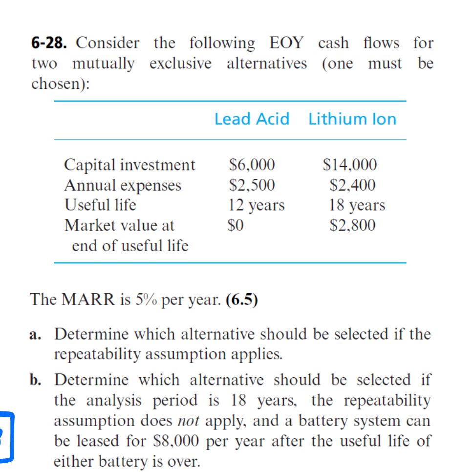 Solved 6-28. Consider the following EOY cash flows for two | Chegg.com
