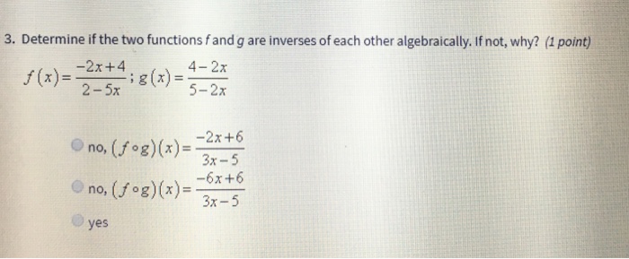 Solved 3. Determine if the two functions fand g are inverses | Chegg.com