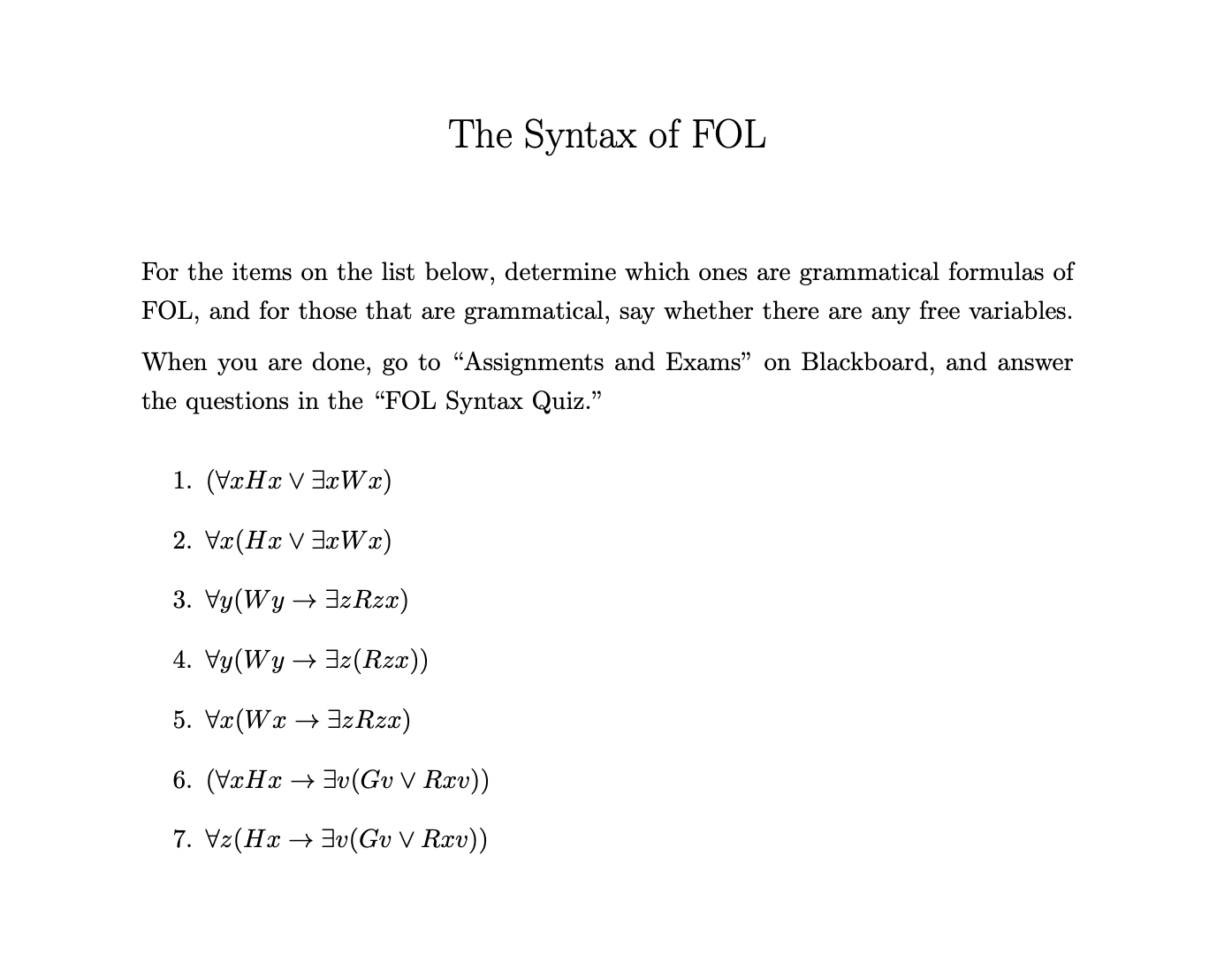 The Syntax of FOL For the items on the list below, | Chegg.com