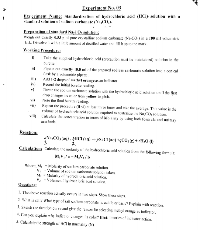 Solved Experiment No. 03 Experiment Name: Standardization of | Chegg.com