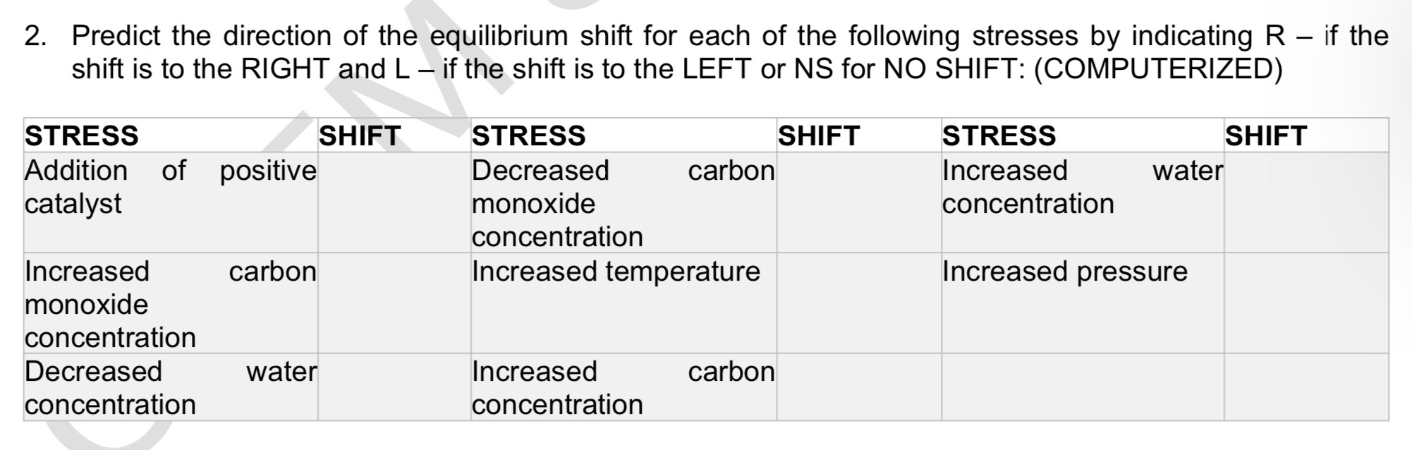 Solved 2. Predict the direction of the equilibrium shift for | Chegg.com
