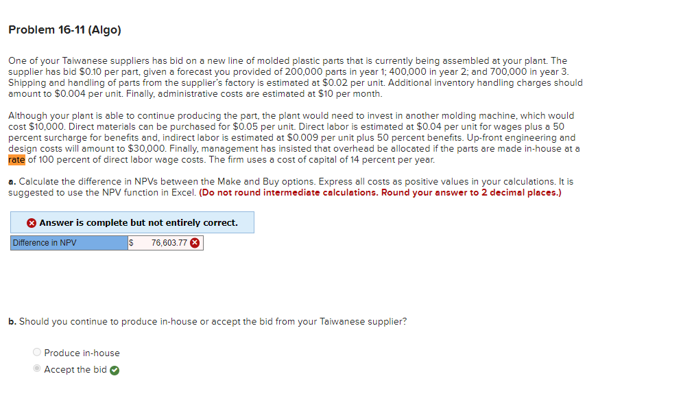 Solved Problem 16-11 (Algo)One of your Taiwanese suppliers | Chegg.com